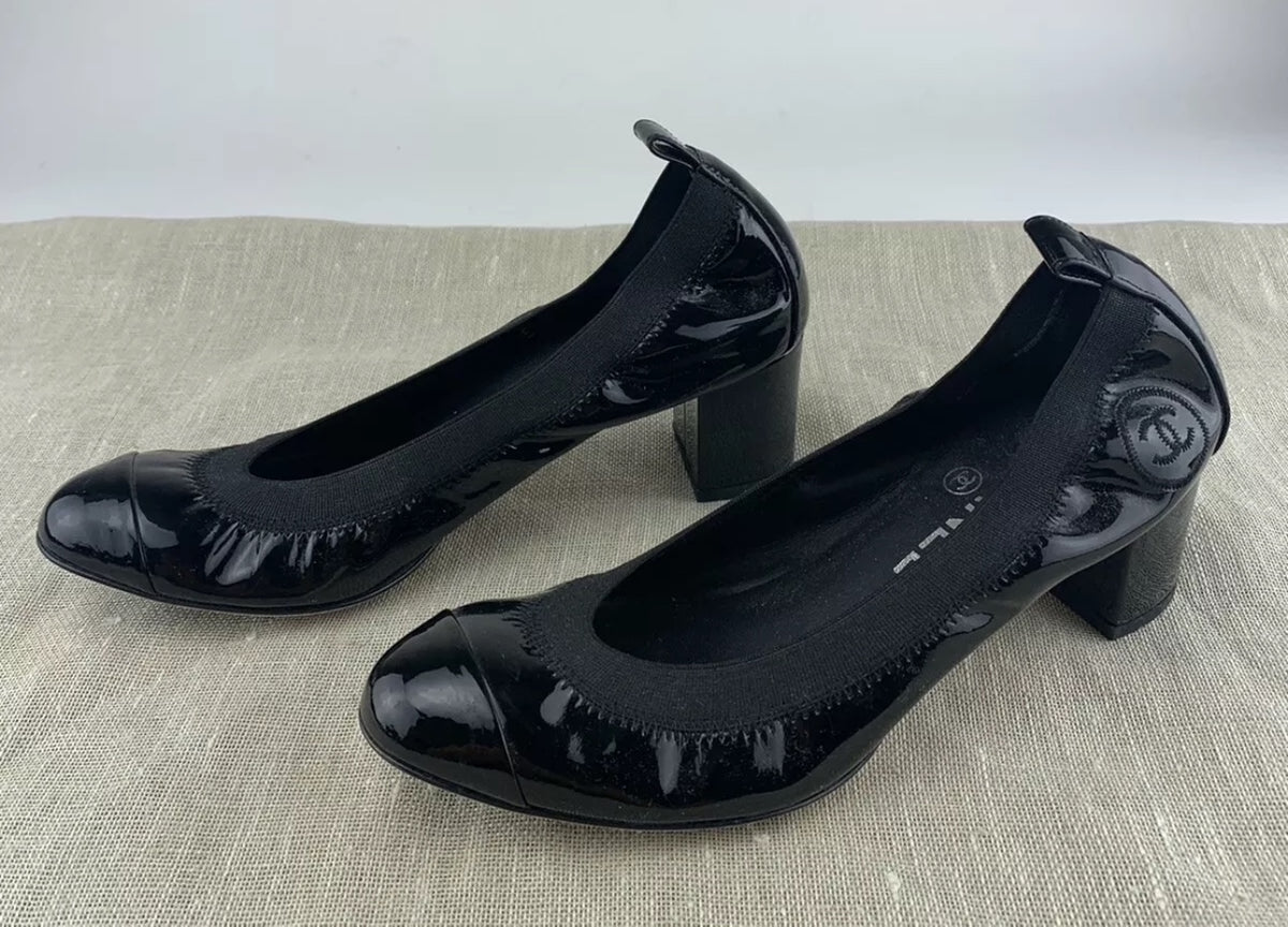 Chanel Black Patent Leather Stretchy Band Pumps Size 35.5 ...